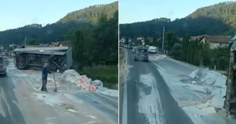 Prevrnuo se kamion kod Maglaja, velike količine brašna rasule se po cesti